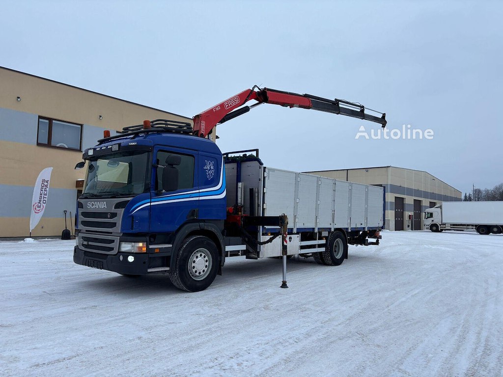 Scania P320 4x2 + FASSI F165A + Drop side Platform + EURO5 kamion s ravnom platformom
