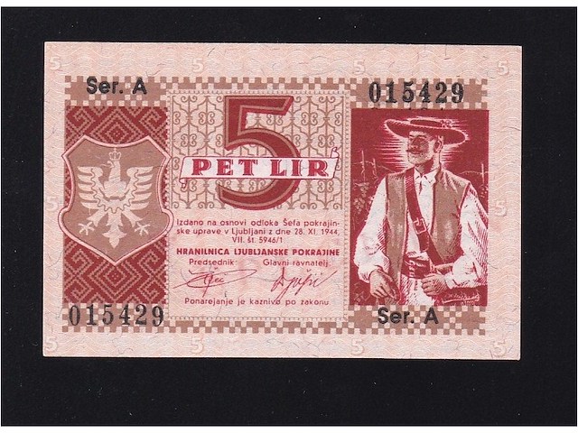 SLOVENIJA -- LAIBACH -- 5 LIR 1944 --- UNC ----