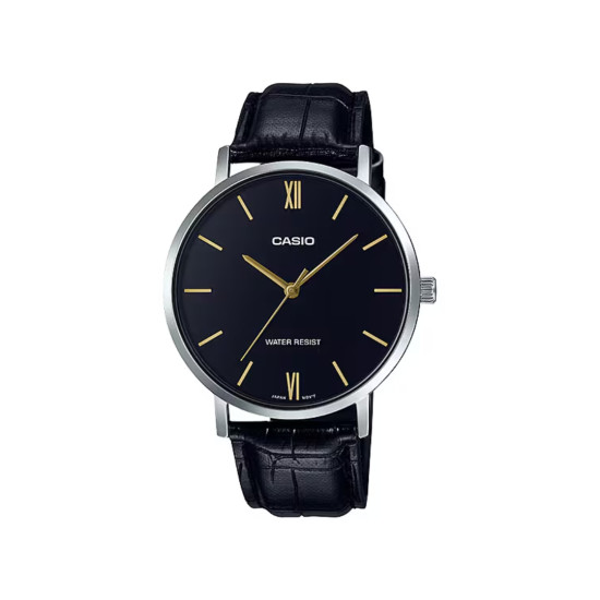 Casio MTP-VT01L-1B unisex Minimalist Grande kožni kaiš Black Dial Gold detail