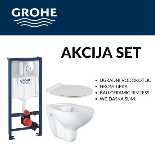 GROHE SET UGRADNI VODOKOTLIĆ, HROM TIPKA, WC ŠOLJA BAU CERAMIC RIMLESS I WC DASKA