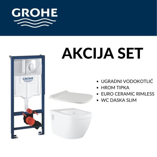 GROHE SET UGRADNI VODOKOTLIĆ, HROM TIPKA, WC ŠOLJA EURO CERAMIC RIMLESS I WC DASKA