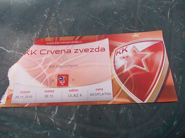 Ulaznica - KK Crvena zvezda - KK Hemofarm 26.11.2010.