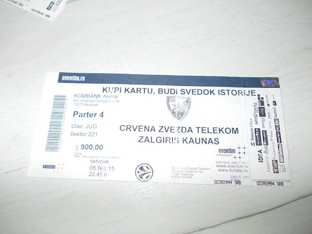 Ulaznica - KK Crvena zvezda - Žalgiris Kaunas 5.2.2015.