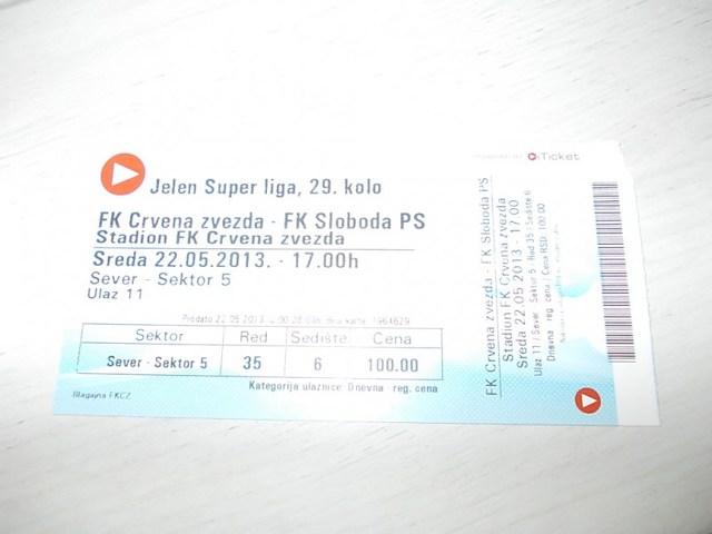 Ulaznica - FK Crvena zvezda - FK Sloboda PS 22.05.2013.
