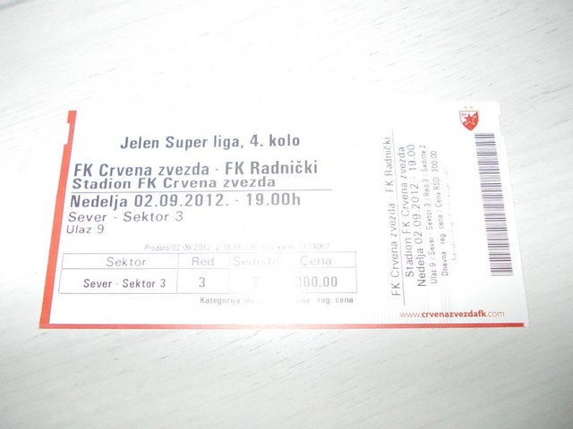 Ulaznica -  FK Crvena zvezda - FK Radnički 2.9.2012.