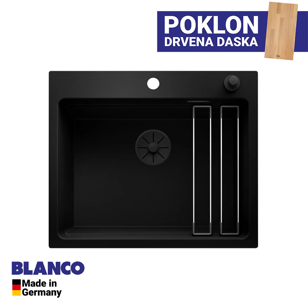 Granitna sudopera Blanco Silgranit ETAGON 6 Black Edition sa podizačem čepa + pribor + drvena daska - 600x510x220