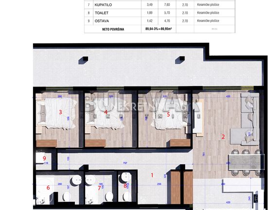 Penthaus sa tri spavaće sobe, dva kupatila, ostavom i toaletom - Kragujevac, Aerodrom, 86,35 m2 plus terasa 28,50 m2, u izgradnji