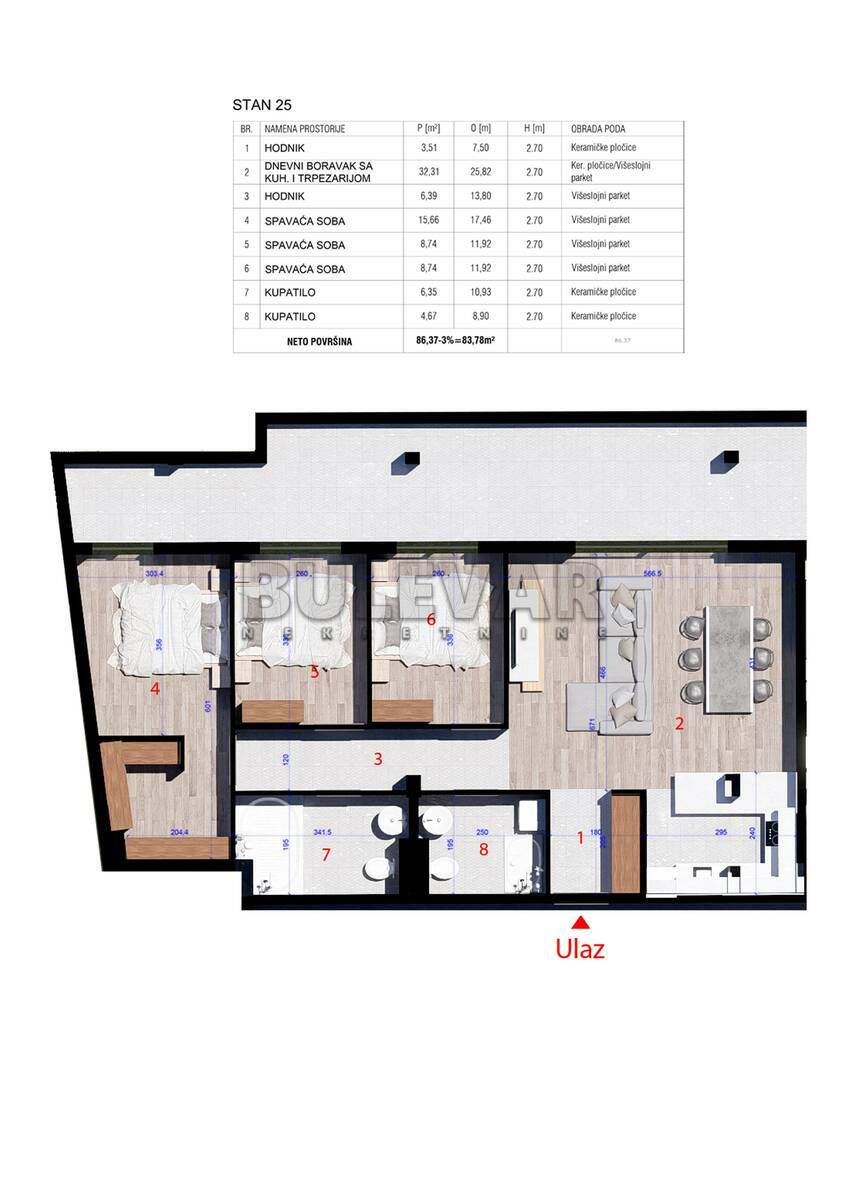 Penthaus sa tri spavaće sobe i dva kupatila - Kragujevac, Aerodrom, 83,78 m2 p
