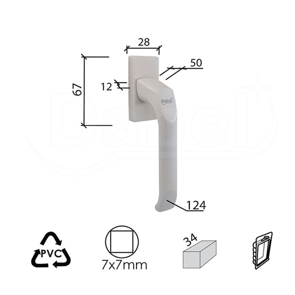 Ručica za prozore Kopaonik-P RAL9016BE 7×7/34/28x67x12/50/124mm DP1 (0101963)