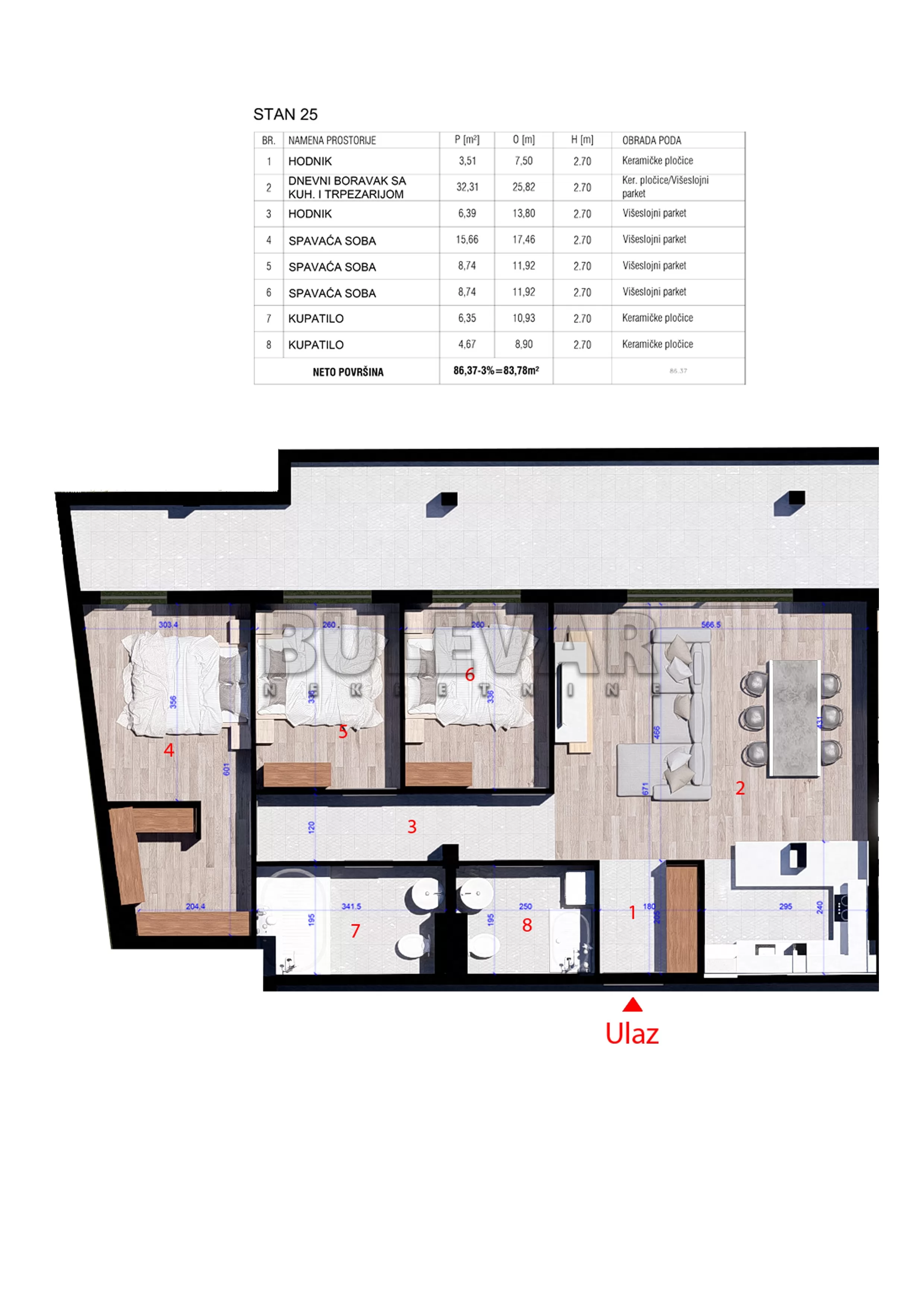 četvorosoban stan, 83.78 m2, Kragujevac, Atinska ID: p-015774