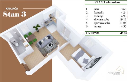 Na prodaju dvosoban stan novogradnje u Krnjači