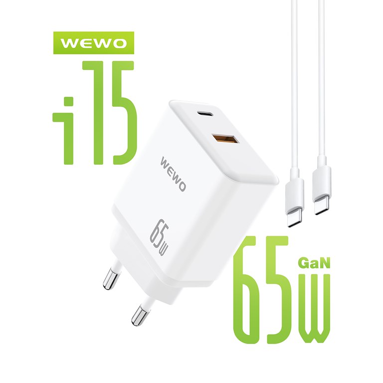 WEWO i15 PD+USB Punjač QC 65W/3A GaN + Type-C to Type-C data cable (beli)
