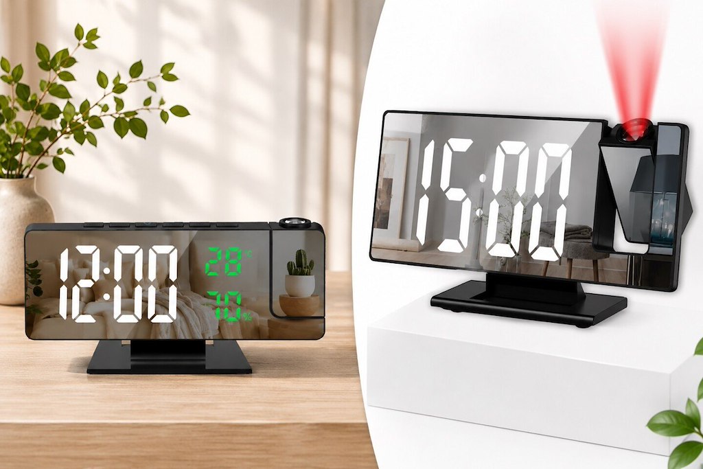 TIMELYX digitalni LED budilnik, projekciono noćno svetlo i ogledalo    LED ekran