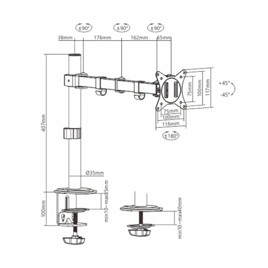 MA-D1-01 Gembird Podesivi stoni drzac za monitor jedna ruka-Produzeni, tilt, 17-32 max.9kg