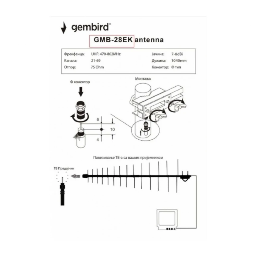 GMB-28EK **Gembird Antena Loga UHF sa F konektorom 28 elemenata, dužina 104cm, dobit 9dB alumini.696