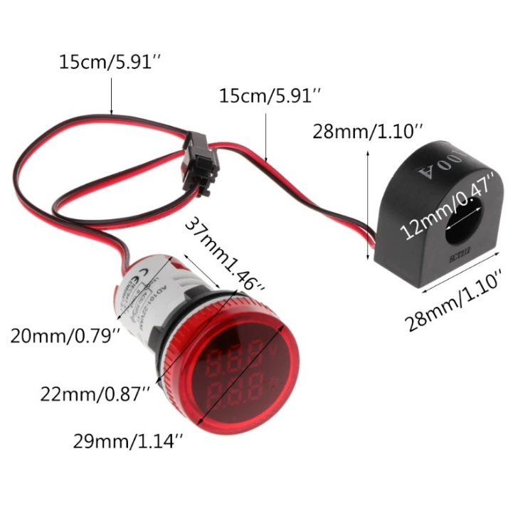 Ampermetar i voltmetar 22mm/29mm 100A 50-500V AC žuti
