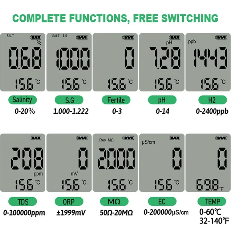 Tester kvaliteta vode PH/TDS/EC/SALT/TEMP/S.G/ORP/H₂/Fertility/Resistivity