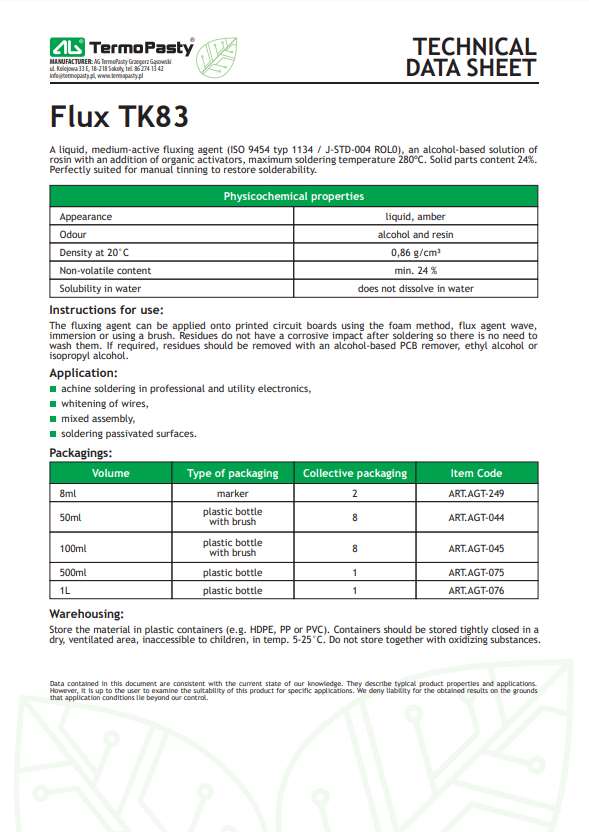 Flux za lemljenje na bazi alkoholnog rastvora kalafonijuma TK83 1000ml