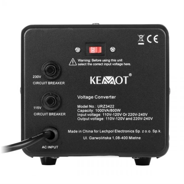 Autotransformator KEMOT 230V AC – 110V AC 800W/1000VA