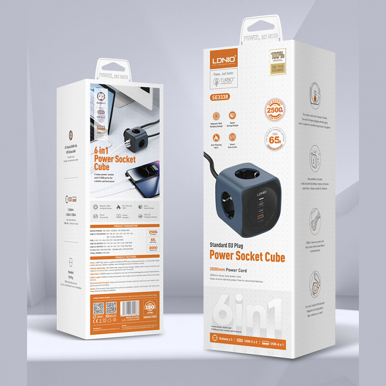 Produžni kabl LDNIO SE3338 sa 3 uticnice + USB Type C 2x PD 6u1 GAN 65W