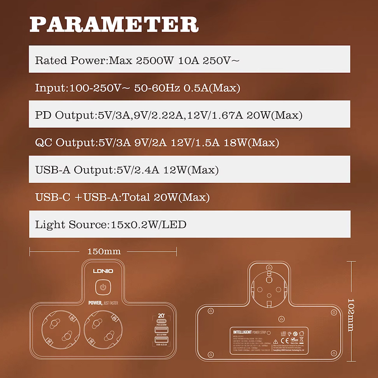 Produžni kabl LDNIO SE2337 2500W 2 uticnice + 2xUSB 3.0 18W Type C 20W