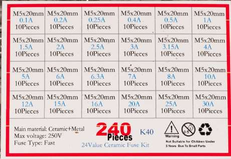 Set osigurača keramički 5X20mm brzi F 100mA-30A 240 u 1