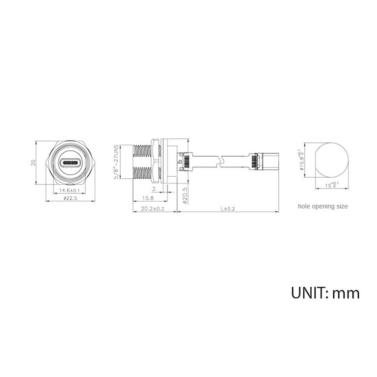 Napojni ugradni Type C konektor FPC muško ženski 3.1 IP67