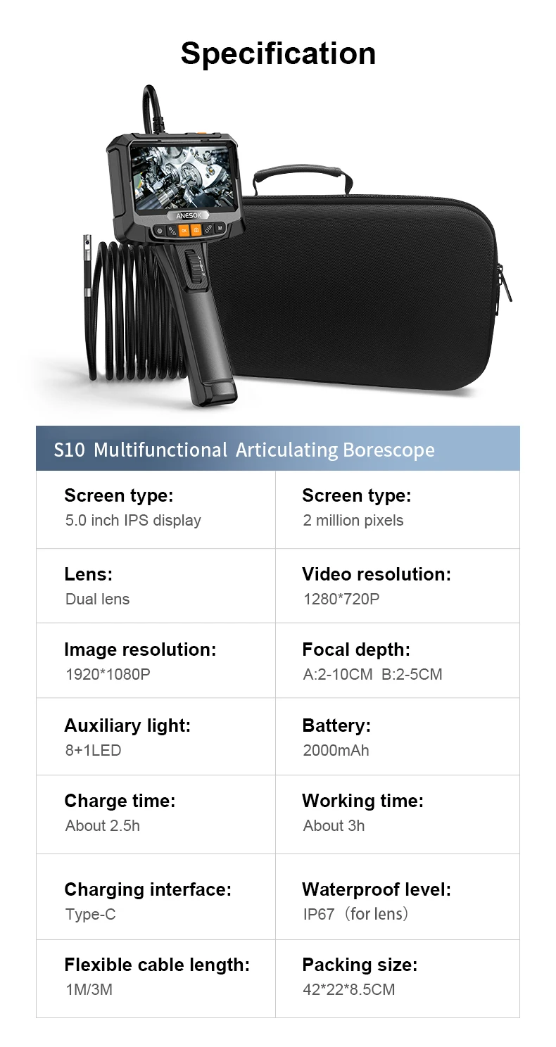 Endoskopska kamera ANESOK 360° 1m, sočivo 8mm