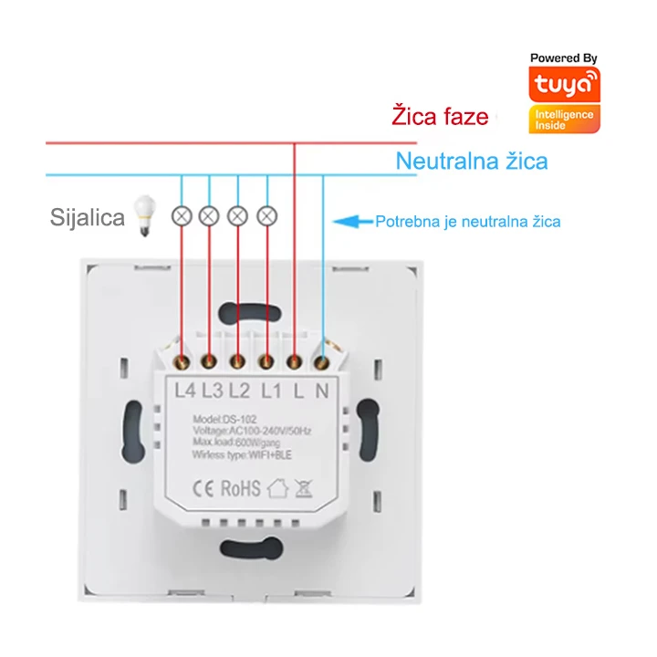 Tuya smart WiFi zidni ugradni prekidač sa 2 tastera