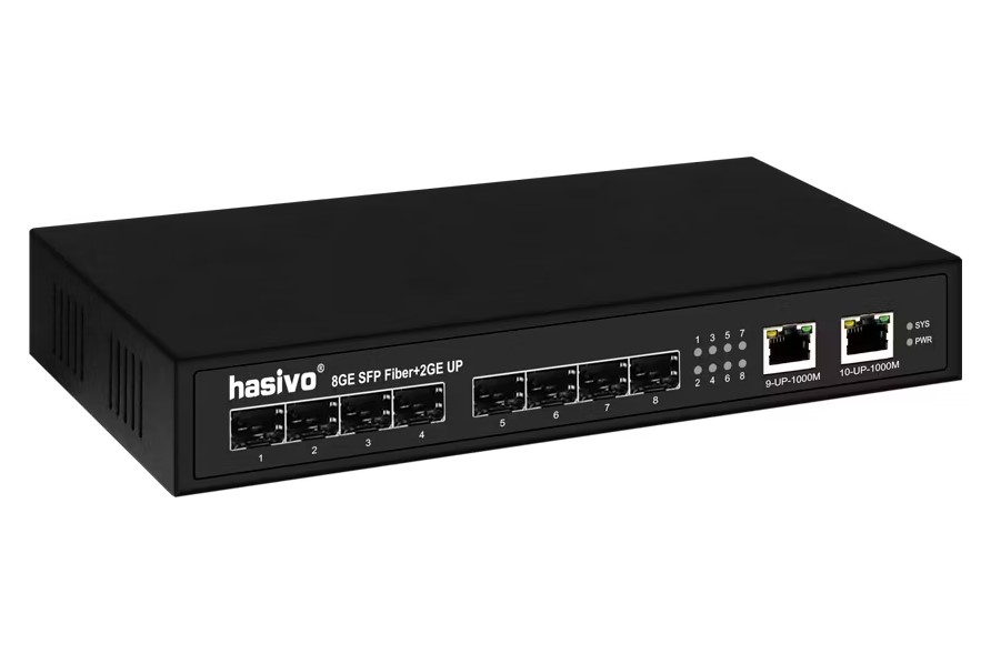 Hasivo F1100-8S-2G – 10-portni gigabitni fiber svič sa 8 SFP + 2 RJ-45 porta i proširenim dometom