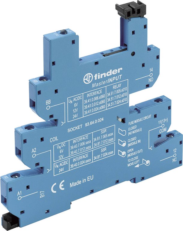 Finder 93.64.0.024 baza releja sa ruckom, sa LED, sa kolom za suzbijanje EMC smetnji Pogodan za serije (rele): Finder serije 34 Finder 34.51, Finder 34.81