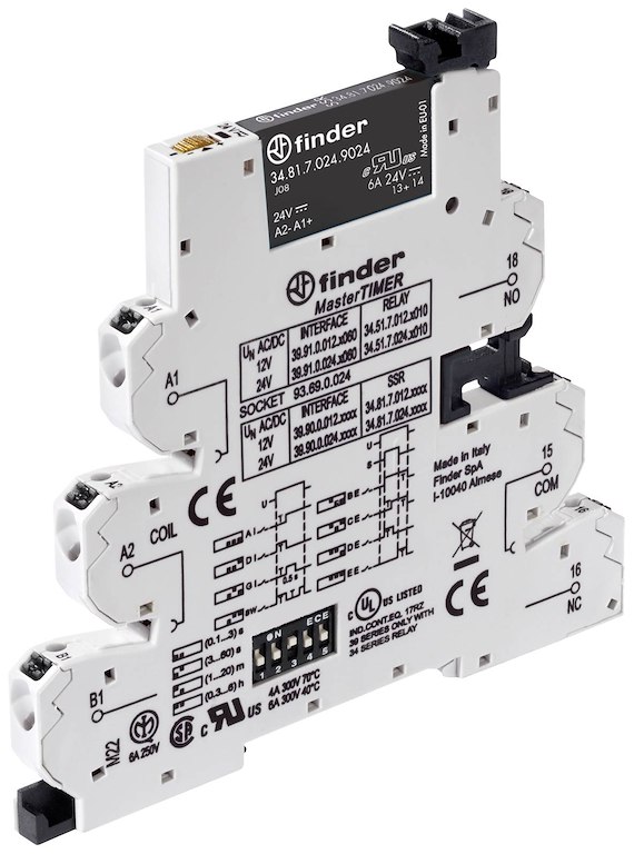 MasterTIMER spojni relej, sa prikljucnim klemama, SSR 1 NO kontakt 6 A/24 V DC, 8 vremenskih funkcija, ulaz 24 V AC/DC Finder 39.90.0.024.9024 spojni relej 24 V DC/AC 6 A 1 promena