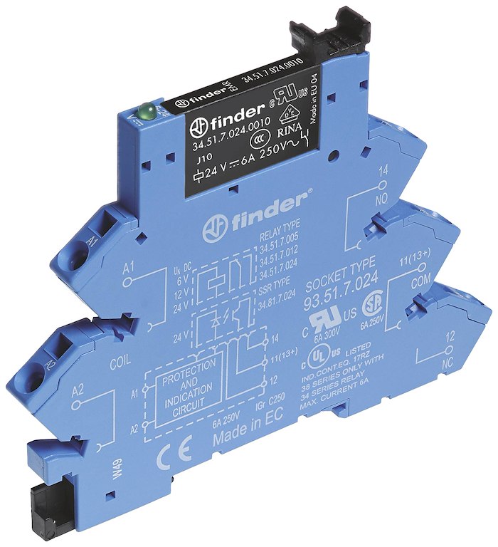 Relej spojnice sa zateznim opruznim stezaljkama, 1 preklopni kontakt 6 A, kalem 230-240 V AC Finder 38.61.8.240.0060 spojni relej 230 V/AC 6 A 1 preklopnik