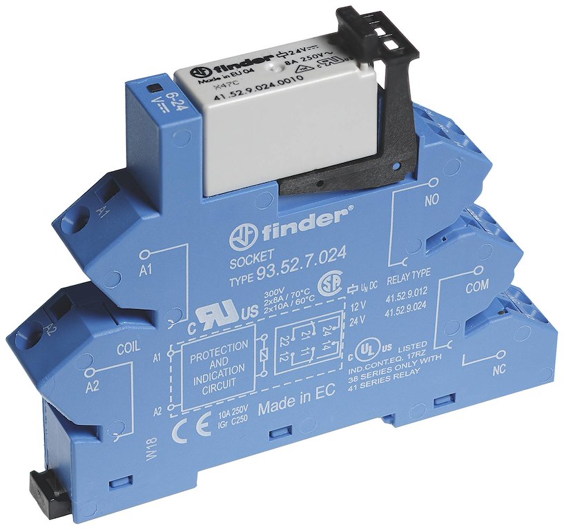 Relej spojnice sa zateznim opruznim stezaljkama, 2 preklopna kontakta 8 A, kalem 24 V DC Finder 38.62.7.024.0050 spojni relej 24 V/DC 8 A 2 preklopni