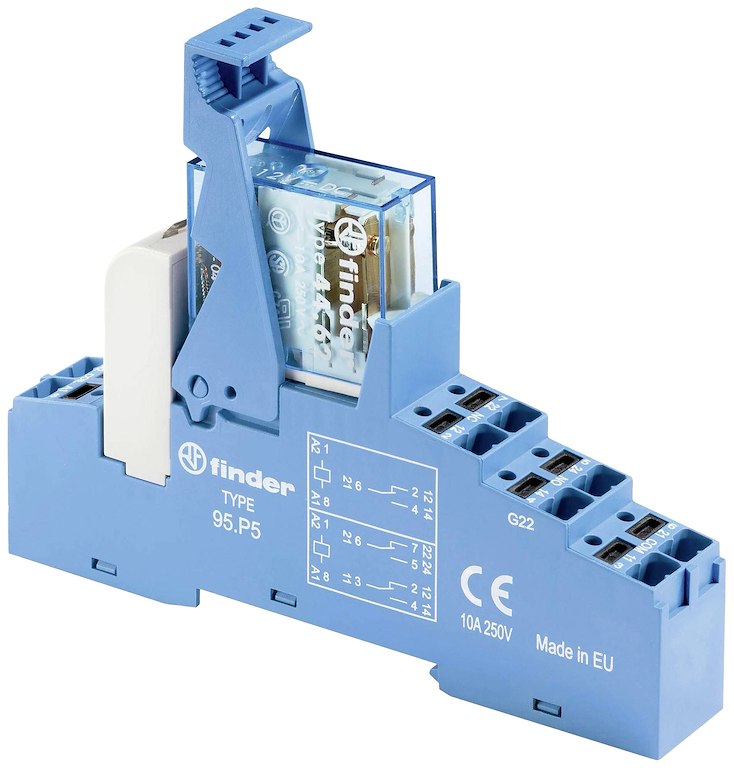 Relej spojnice sa uticnim klemama, 2 preklopna kontakta 10 A, kalem 24 V DC Finder 48.P8.7.024.0050 spojni relej 24 V/DC 10 A 2 preklopnik