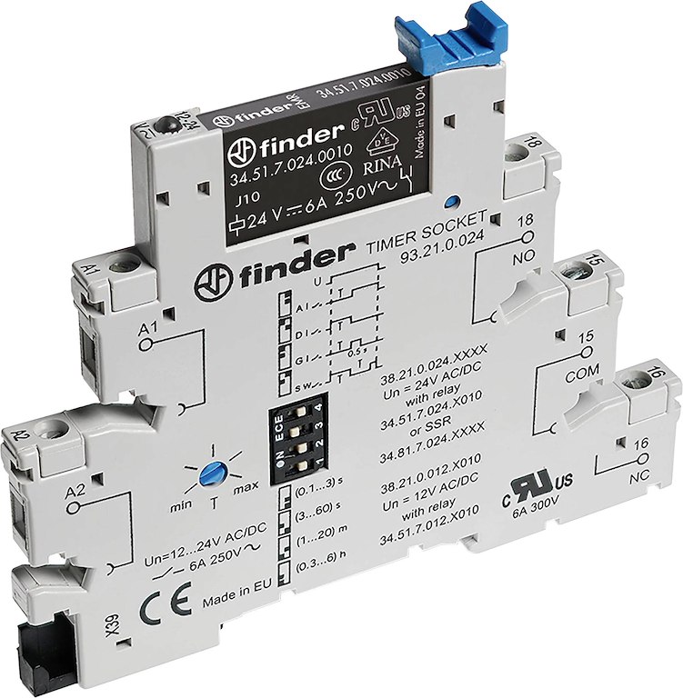 Finder 38.21.0.012.0060 38.21.0.012.0060 Vremenski relej 12 V DC/AC Vremenski opseg: 0,1 – 21600 s 1 preklapanje