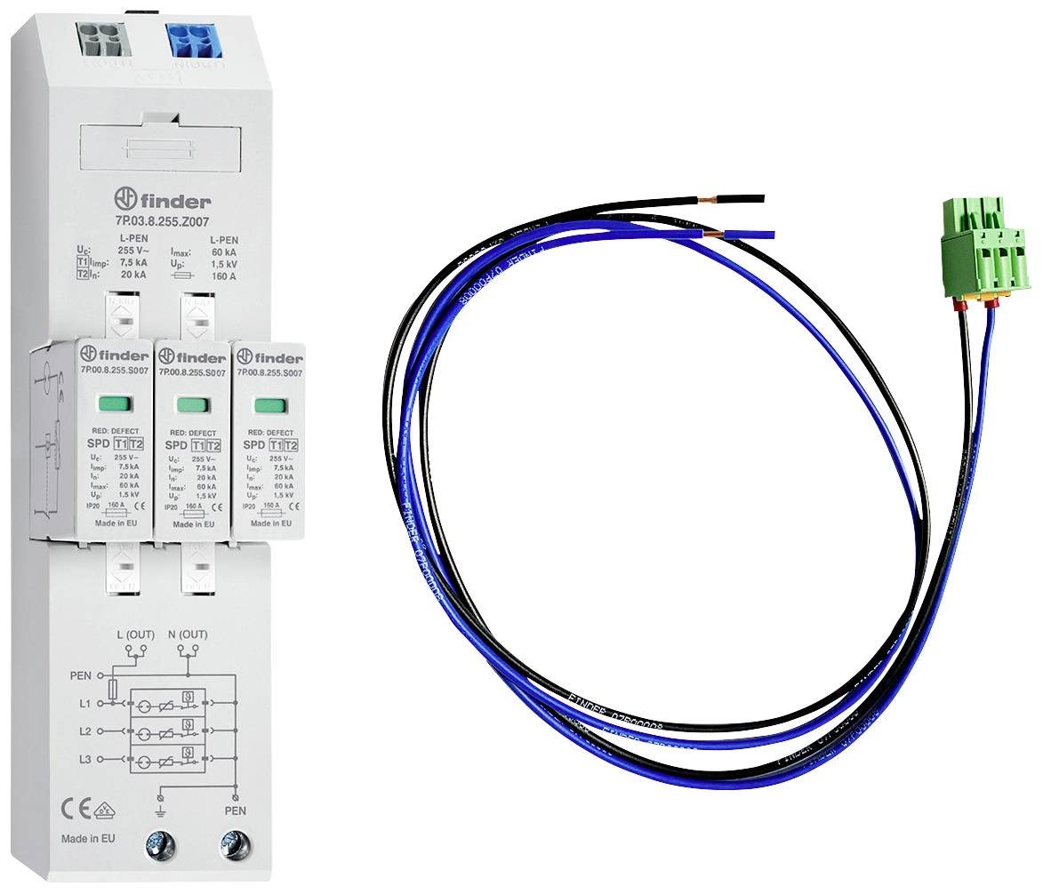 Odvodnik munje i prenapona tip 1+2 za sabirnicu 40 mm, 7,5 kA po koloseku, 5-zilni sistem, L1, L2, L3, N, PE, sa naponom ukljucujuci 800 mm prikljucni kabl Finder 7P.04.8.255.Z007C08 odvodnik pren...