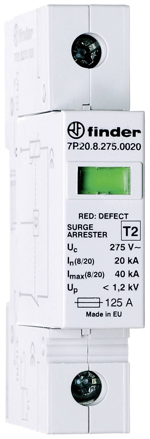 Odvodnik prenapona tip 2, varistor, za 1-fazne mreze izmedju LN, L-PE ili N-PE, Uc = 440 V, kontakt za daljinsku signalizaciju Finder 7P.21.8.440.1020 Odvodnik prenapona Zastita od prenapona za: r...