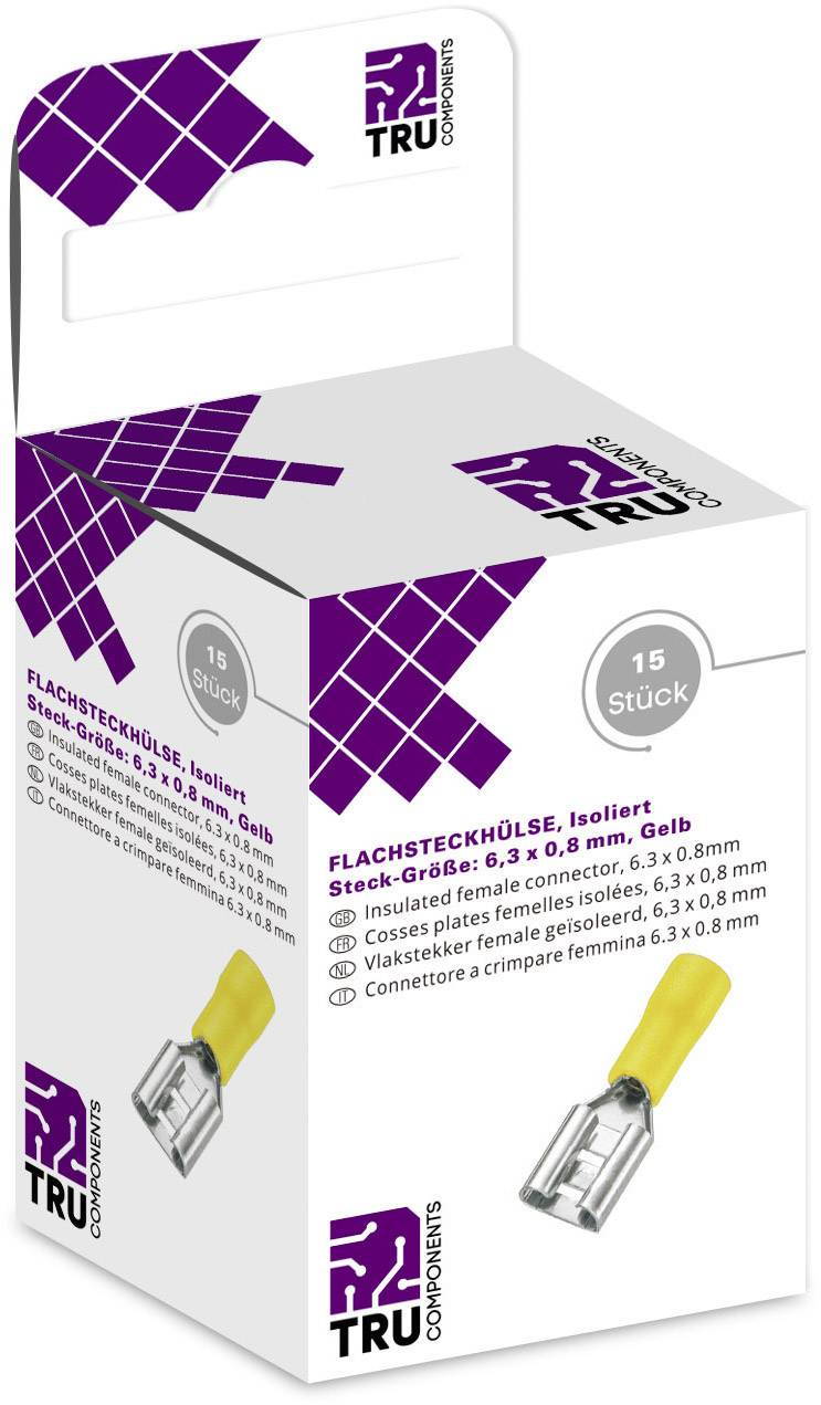 Tru Components T1904C108 plosnati utikac navlaka set sirina jezika: 6,30 mm debljina utikaca: 0,80 mm 180 delimicno izolovana zuta 15 kom