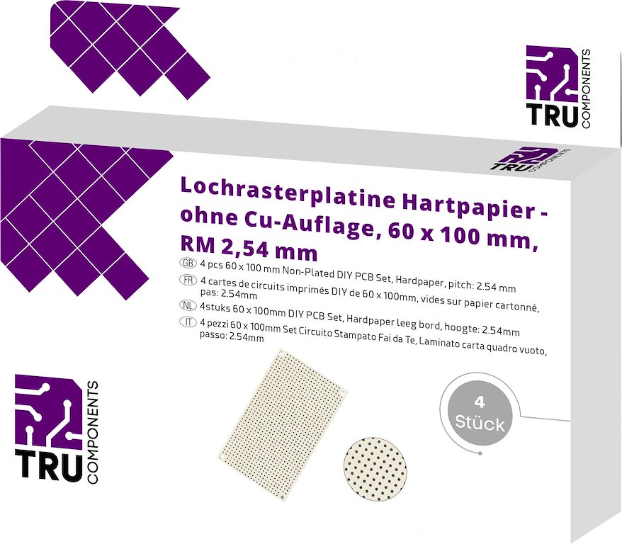 Tru Components euro ploca bez bakarnog sloja tvrdi papir (D*S) 100 mm * 60 mm 35 mikrom Osnovna mreza 2,54 mm Sadrzaj 4 komada