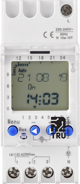 vremenski prekidac za top-hat sinu Radni napon: 220 V / AC 1 promena 16 A 250 V / AC nedeljni program Tru Components TC-8576060 vremenski prekidac za DIN sinu TRU-DTS-AHC810 230 V/AC nedeljni program