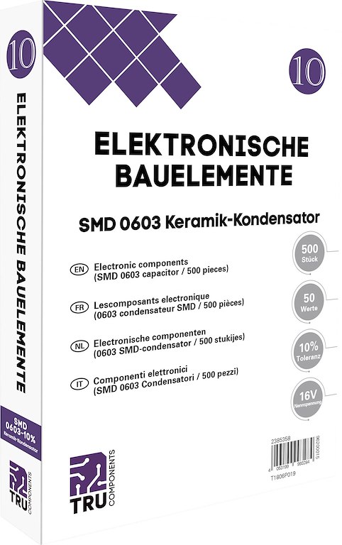 Tru Components T1806P019 SMD keramicki kondenzator komplet 603 16 V 10% (D * s) 1,6 mm * 0,8 mm 500 komada Rezanje trake