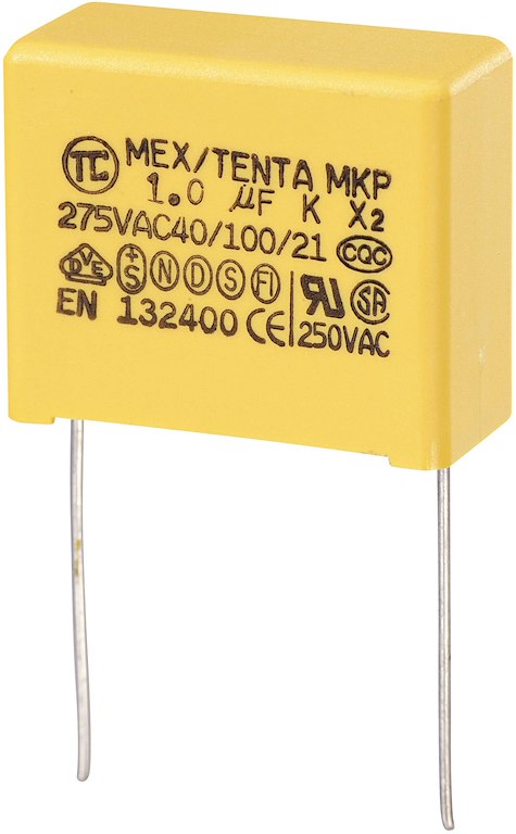 Tru Components MKP-*2 MKP-*2-kondenzator za suzbijanje radio smetnji, radijalno ozicen 1 mikroF 275 V/AC 10% 22,5 mm (D * s * V) 26,5 * 12,5 * 21,5 mm
