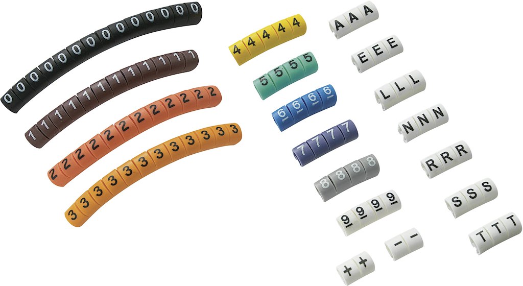 Stezaljka za obelezavanje kabla, stampani simbol 0 – 9 , A , E , L , N , R , S, T , – , + opseg spoljasnjeg precnika 2 do 5 mm 545010 ECMKP-2 Tru Components