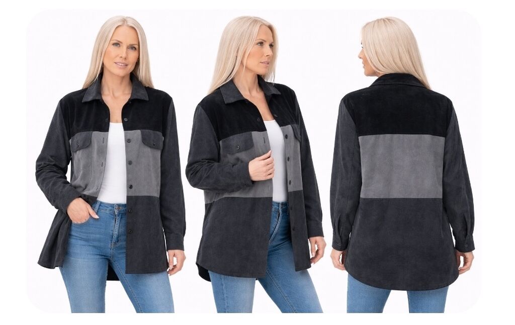 Ženska košulja-jakna (shacket) u blok bojama – crna, tamnosiva i