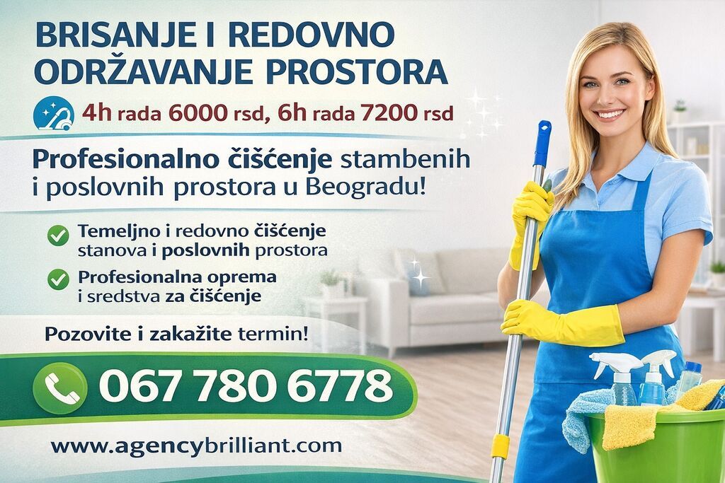 Brisanje i redovno održavanje prostora za 4h rada 6000 rsd, za 6h rada