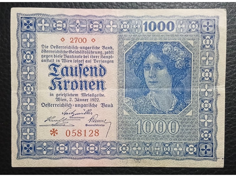 1000 kruna Austro-Ugarska banka, Beč – 1922.