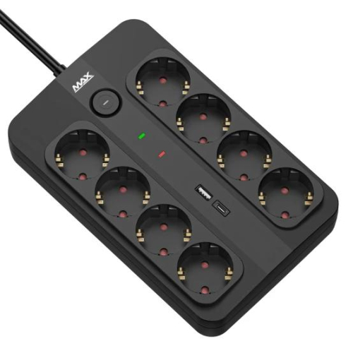 Produžni kabl sa prenaponskom zaštitom sa 8 utičnica MAX MPS-908SB-3M/3m/USB A & USB C port