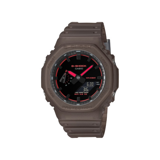 G-SHOCK GA-2100K-5A unisex Octagon Case Futuristic Nightlife All Brown Matte Finish Transparent Neon Red detail 20ATM