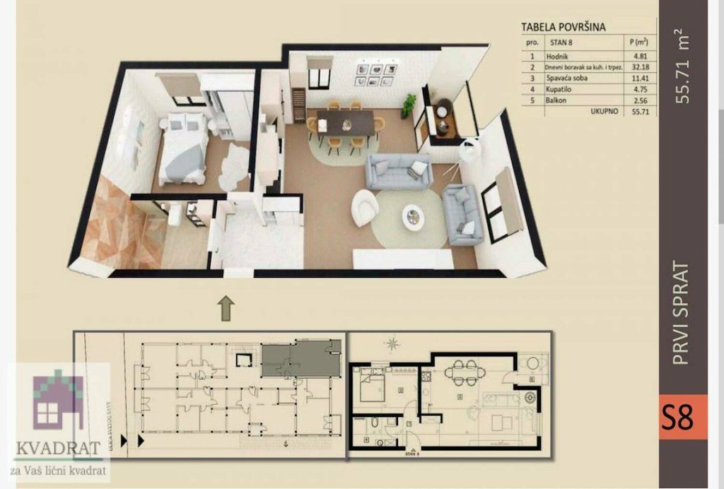 Dvosoban stan u izgradnji 55.71m2, I sprat, Obrenovac - 91.922€